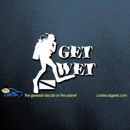 Scuba Diver Get Wet Vinyl Car Decal | Window Sticker