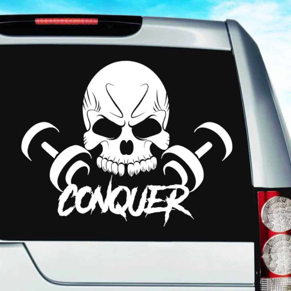 Conquer Skull Dumbbells Weightlifting Bodybuilding Vinyl Decal Sticker